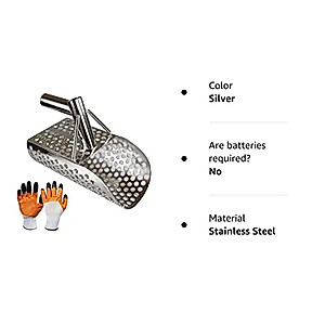Sand Scoop for Metal Detecting, Stainless Steel with Hexahedron 10mm Holes for Beach Treasure Hunting + Gloves