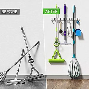 YouOKLight mop broom holder,broom hanger wall mount, 304 Non-Slip Stainless Steel Rack for Tools Hanger,Metal Broom Closet Organizer for Home,Garage, even Outdoor (3 Racks with 4 Hooks)