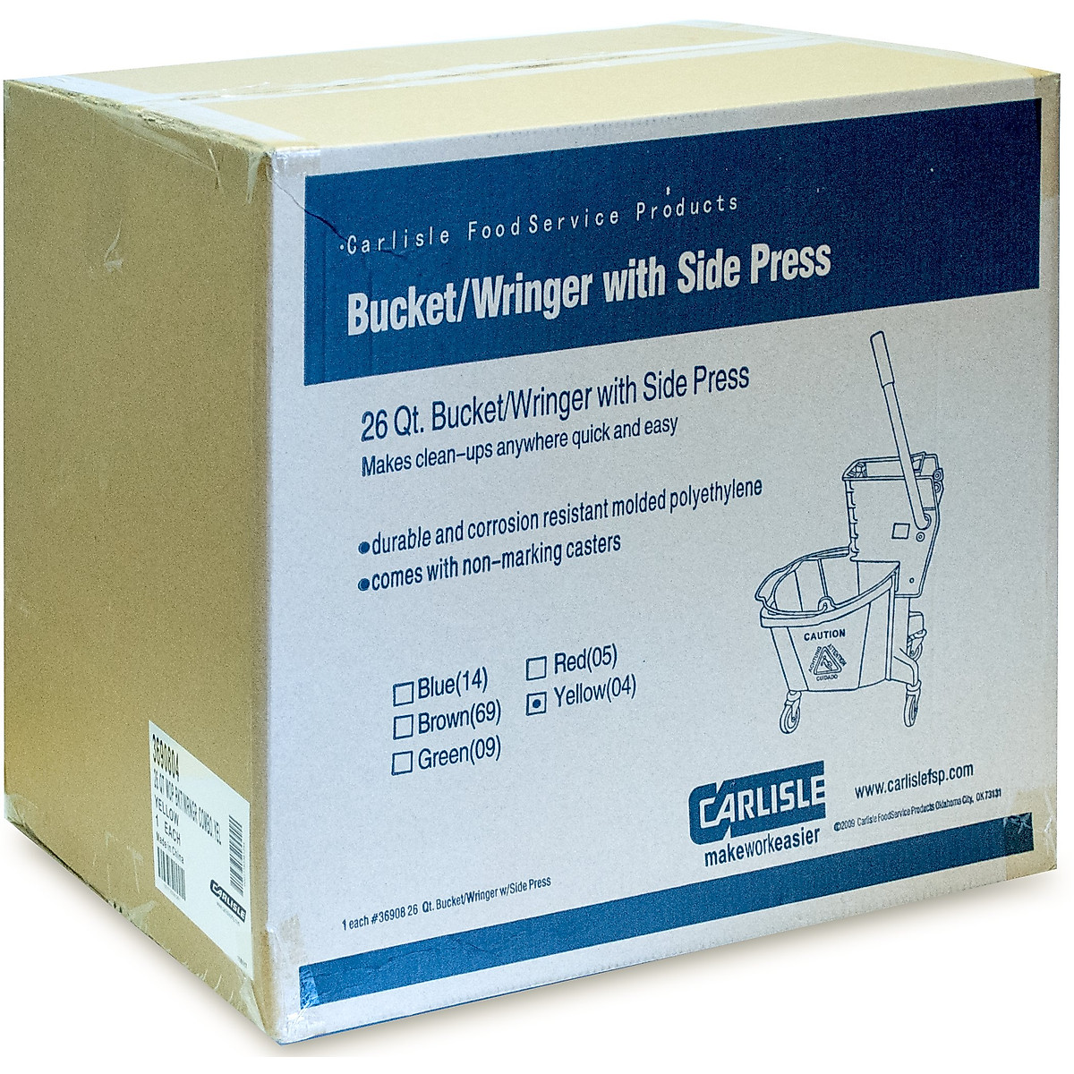 Carlisle FoodService Products Mop Bucket with Side-Press Wringer for Floor Cleaning, Restaurants, Offices, And Janitorial Use, Polyproylene, 26 Quarts, Yellow