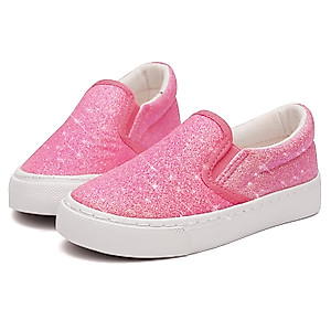 Toandon Little Girls Kids Sneakers Canvas Shoes Loafers Glitter Low Top Slip On Glimmer Sparkle Non-Slip Rubber Sole Lightweight Breathable Outdoor Fashion Casual Tennis Shoes Pink Size 2