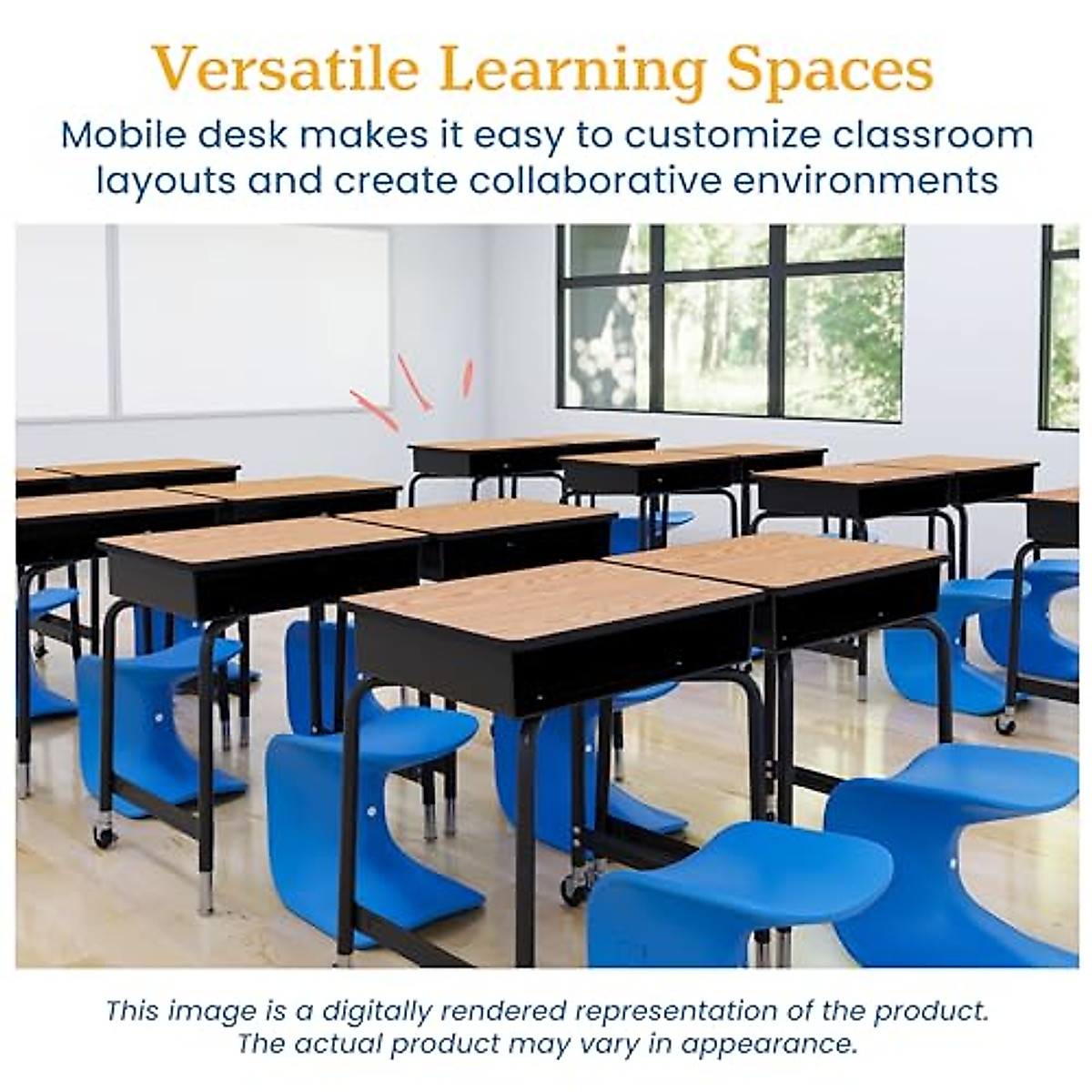 ECR4Kids Mobile Open Front Desk with Metal Storage Book Box, Adjustable Height Desk, Oak