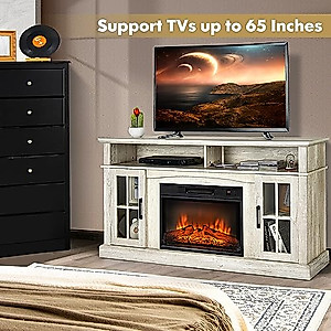 COSTWAY Electric Fireplace TV Stand for TVs Up to 65 Inches, 1400W Heater Insert with Remote Control, 6H Timer, 3-Level Flame, Overheat Protection and CSA Certification, Adjustable Shelves, Grey