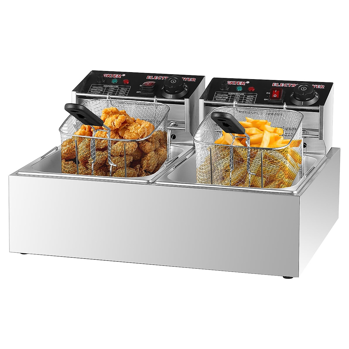 Commercial Electric Deep Fryer, AGKTER, Dual Tank Stainless Steel Deep Fryer with Basket & Lid, Over-Temperature Protection, Ideal for Restaurant and Home Use - 10.5qt+10.5qt, 1500W+1500W, 110V