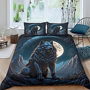EVMILA Gothic Wolf for Teens and Adults Duvet Cover Quilt Cover 3D Print Scary Night Comforter Covers Soft Microfiber with Zipper Closure Bedding Set with Pillow Cases 3 Pieces Twin（173x218cm）