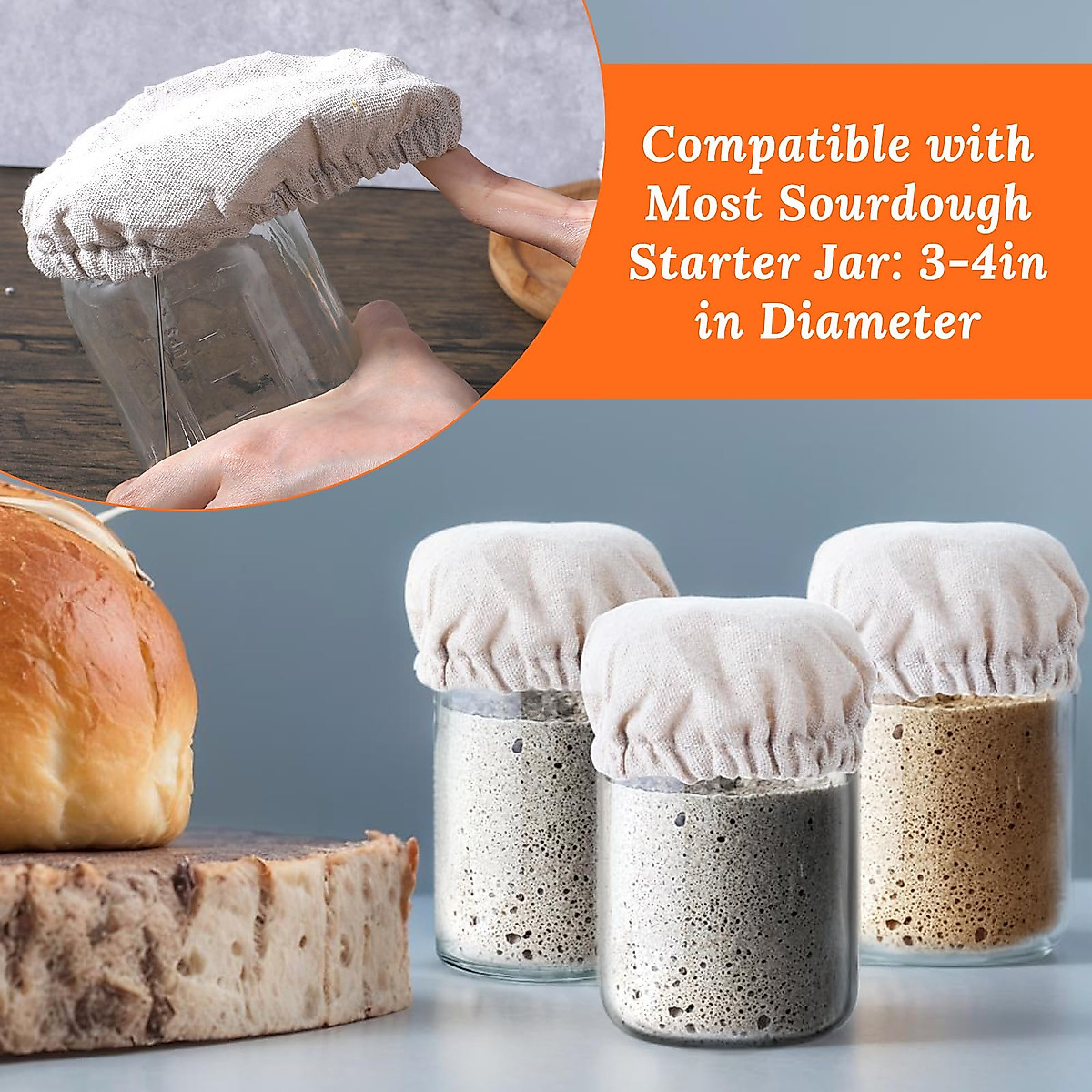 JIEYAO 4 Pcs Sourdough Starter Jar Cloth Covers, Elastic Bread Baking Cloth Cover, Reusable Sourdough Proofing Bowl Cover Breathable Cloth lid/Cap Kombucha Brewing Lids Supplies Fit 3-4 Inch Jar Mouth