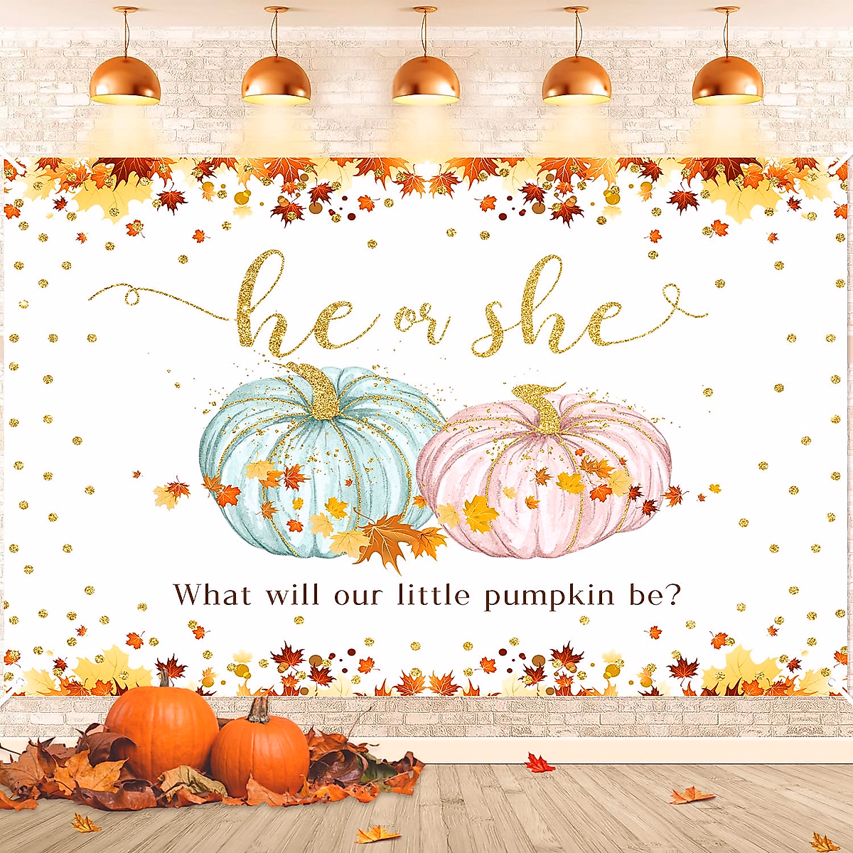 MEHOFOND XtraLarge Pumpkin Gender Reveal Banner Backdrop(72x44Inch) Fall Pumpkin Baby Shower Party Decorations Supplies Thanksgiving Baby Shower Banner Autumn Golden Maple Leaves Party Decorations