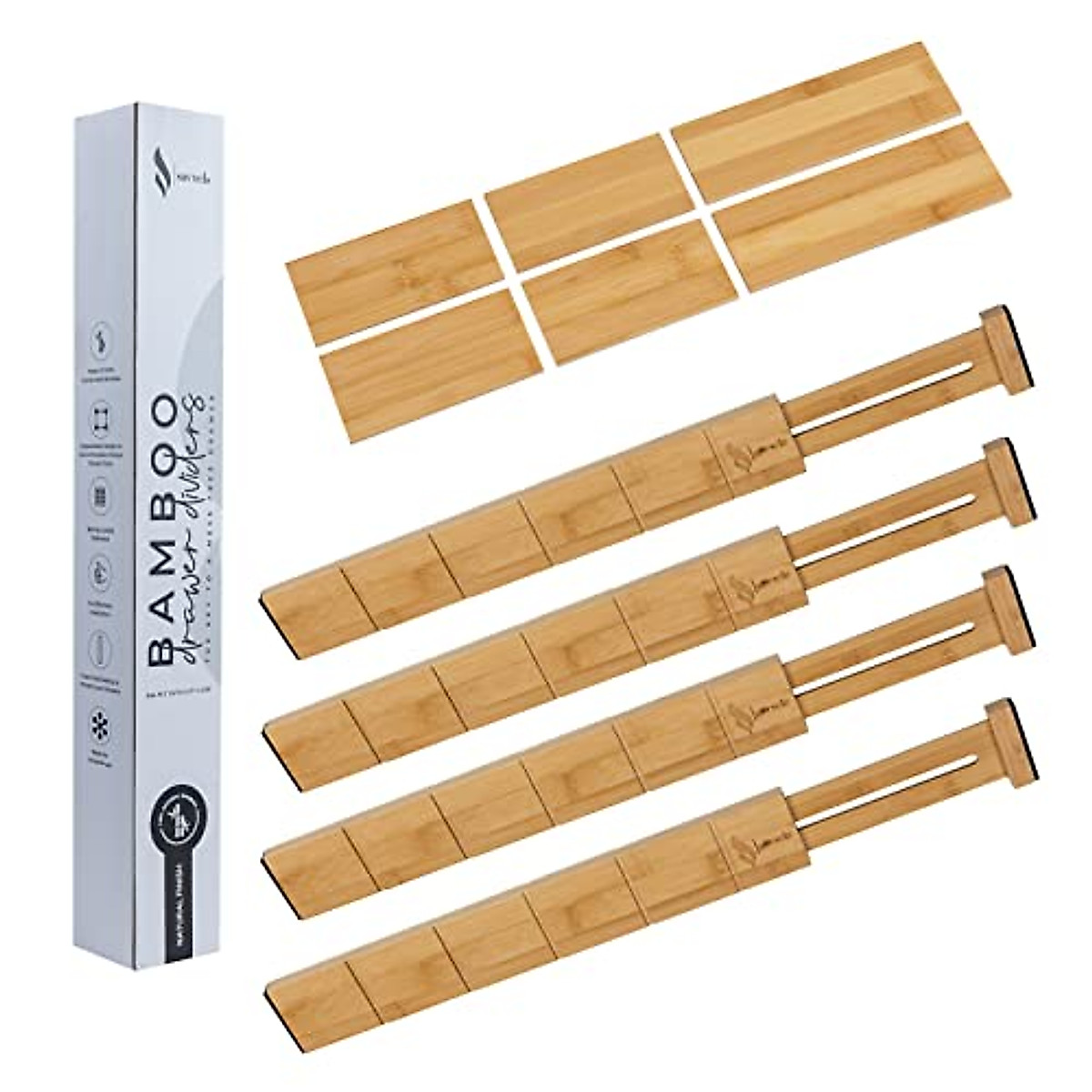 Bamboo Drawer Dividers Set of 4, Expandable Drawer Organizer, Utensil Drawer Organizer, Dresser Drawer Divider, Drawer Separators, Adjustable Drawer Divider with Secure Hold and Protective Padding