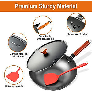 Anyfish Wok Pan with Lid, 13inch Nonstick Wok with Silicone Spatula, Woks & Stir Fry Pans and Carbon Steel Woks, No Chemical Coated Flat Bottom Chinese Wok For Induction, Electric, Gas, All Stove