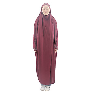 Cogongrass Women's One-Piece Prayer Dress Prayer Garment Abaya Jellaba Islamic Clothing Hijab for Hajj Umrah Wine Red