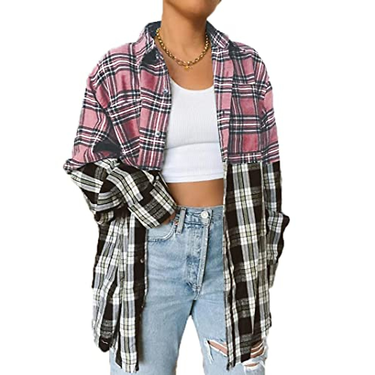KOJOOIN Women's Oversized Flannels Plaid Color Block Oversized Button Down Shirts Patchwork Lightweight Blouses Pink&Black L