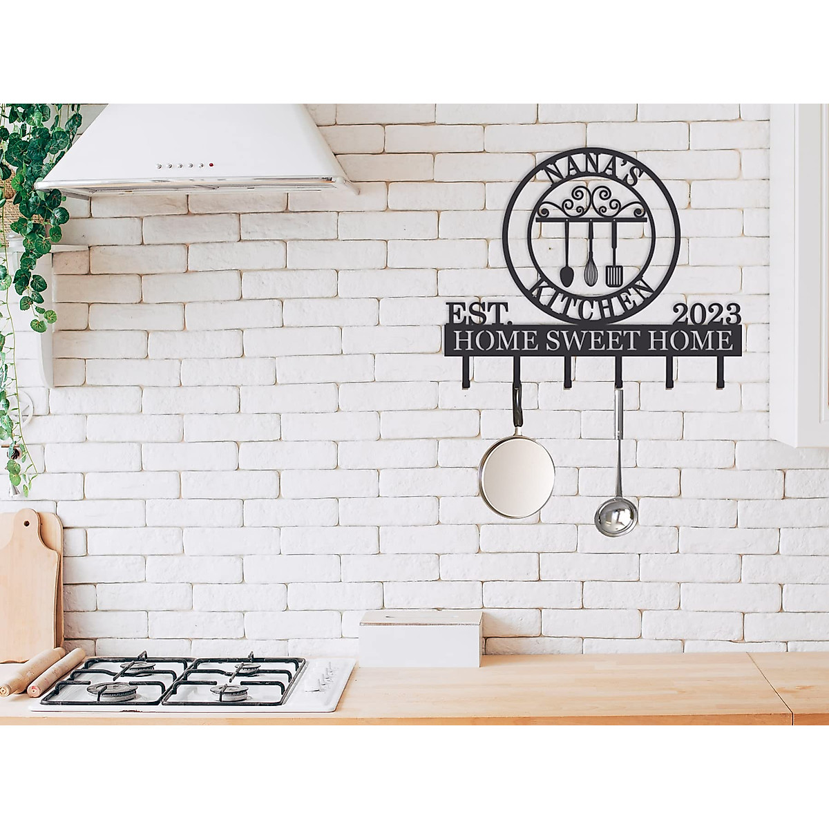 Kitchen Utensil Rack with Custom Name, Farmhouse Kitchen Utensil Holder, Personalized Metal Kitchen Utensil Hanger, Kitchen Utensil Organizer for Wall, Hooks for Kitchen Utensils