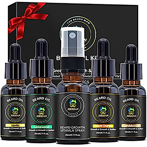 Beard Oil 5 Pack w/Unscented,Cedarwood,Sandalwood,Vanilla,Orange,Christmas Stocking Stuffers Fathers Valentines Day Gifts for Men Him Dad Boyfriend Husband,Beard Growth,Soften,Moisturizing,Strength