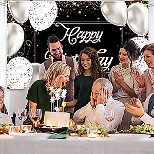 Happy Birthday Backdrop Banner Black and Silver Photography Background Happy Birthday Banner Large Birthday Party Sign Poster Photography Backdrop Party Decoration Supplies for Men and Women