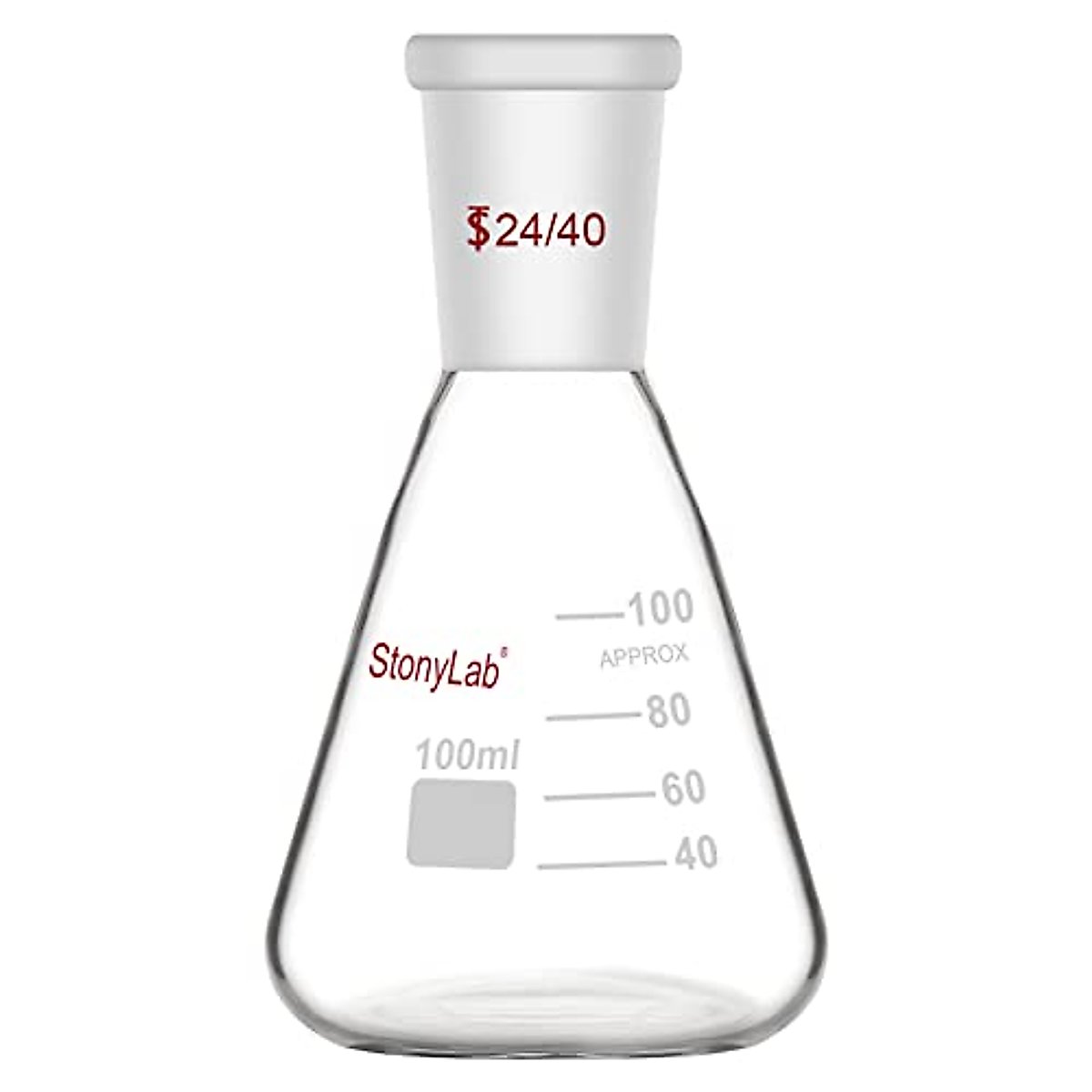 StonyLab Glass 24/40 Erlenmeyer Flask, Borosilicate Glass Heavy Wall Flask with 24/40 Standard Taper Outer Joint, 100ml
