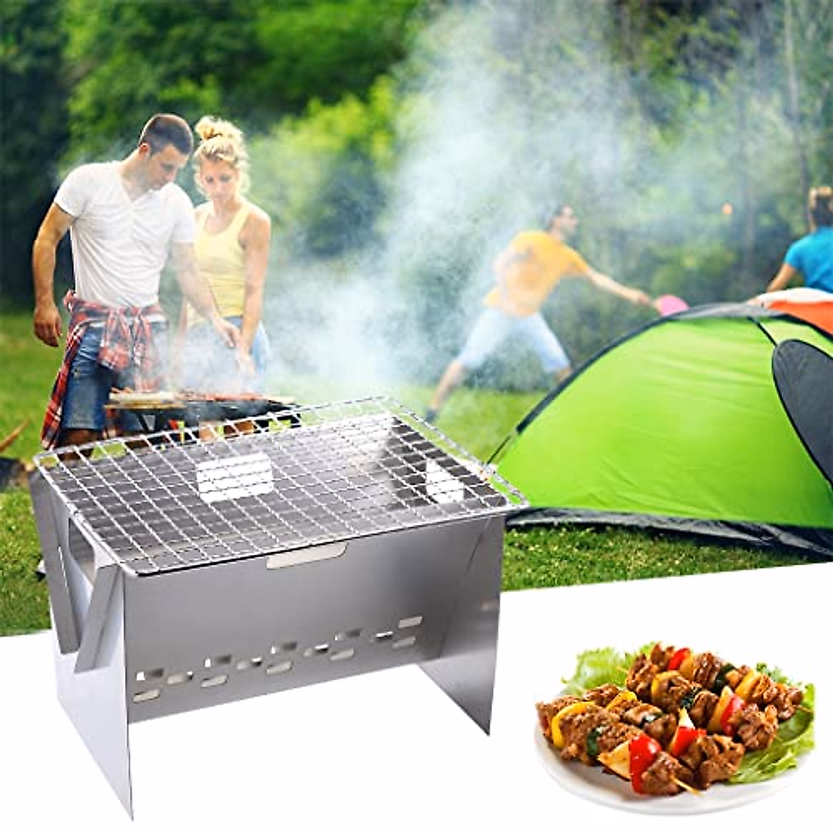 n/a Folding Campfire Grill Stainless Steel Camping Grill with Carrying Bag Portable Barbecue Charcoal Grill for Camping BBQ Picnic