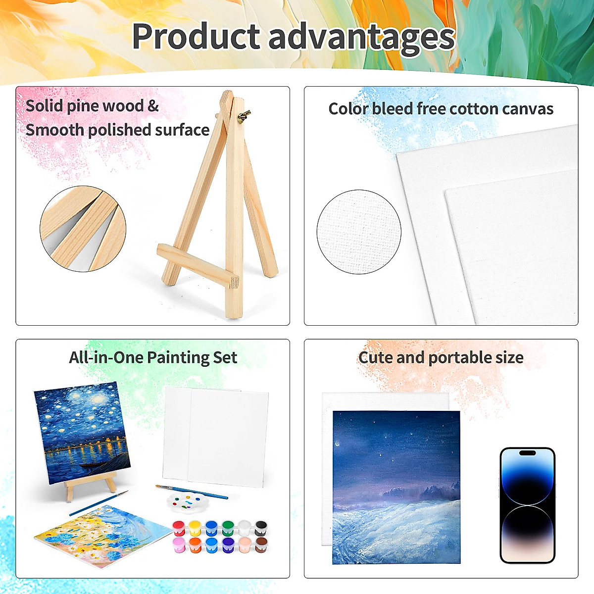 8 Pack 8 * 10In Canvas Boards for Painting, Art Canvas for Drawing with 16 Brushes & 8 Paint Trays & 16 Acrylic Paint, Mini Painting Canvas with Easel Set, Painting Kits for Adults & Kids Party