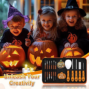 XINYA BAO 28 PCS Pumpkin Carving Kit Tools Halloween Professional Heavy Duty Stainless Steel Carve Knife Set with LED Candle Lights, Stencils, Storage Bag, Gifts & Adults DIY Lantern Decorating.