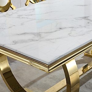 SSLine Modern White Marble Dining Table for 6-8 Rectangle 70" Faux Marble Kitchen Table for 6 Luxury Dining Room Table with Gold Mirrored Stainless Steel U Shape Pedestal Base for Home Office