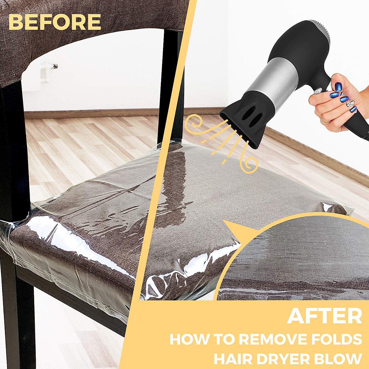 6 Pack Large Plastic Chair Covers Protectors for Dining Room, Clear Chair Seat Cover with Adjustable Belt Strap Fits 18”-22” Seats, Waterproof & Scratch Resistant Heavy Duty PVC Dining Chair Cover Set