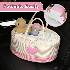 INough Baby Diaper Caddy, Changing Basket for Girls Caddy Organizer with Handle Diaper Organizer for Nursery Pink Cotton Rope Basket Baby Girl Newborn Essentials, Car Storage Organizer