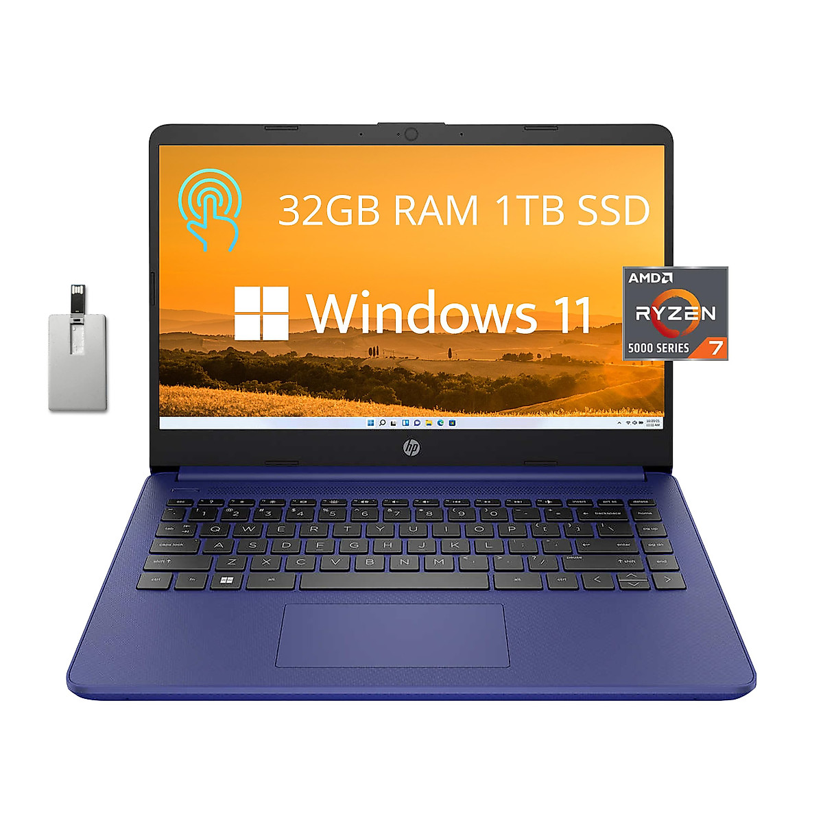 HP 14” HD Touchscreen Laptop, AMD Ryzen 7-5700U, 32GB RAM, 1TB PCIe SSD, AMD Radeon Graphics, HD Webcam, WI-FI 6, Bluetooth, HDMI, Blue, Windows 11, 32GB USB Card