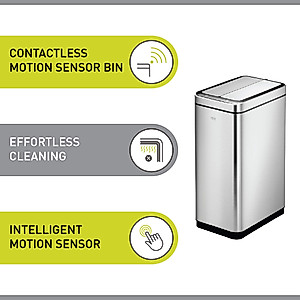 EKO Deluxe Phantom 45 Liter / 11.8 Gallon Touchless Motion Sensor Trash Can, 50 Liter Vertical, Brushed Stainless Steel Finish