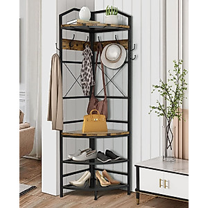LTTROMAT 4-Tier Corner Hall Tree with Shoe Bench, Entryway Coat Rack with Storage, Industrial Corner Clothes Rack with 6 Metal Hooks and Wooden Storage Shelves