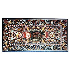 Black Marble Big Dining Top Center Table Pietra Dura Inlaid Restaurant Decor