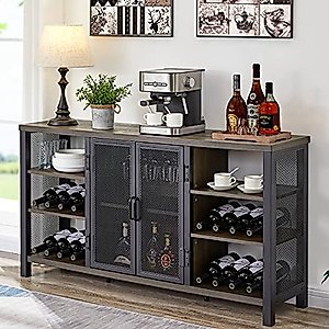 FATORRI Industrial Wine Bar Cabinet for Liquor and Glasses, Farmhouse Metal Sideboard & Wood Coffee/Buffet Cabinet with Wine Rack (55 Inch, Walnut Brown)