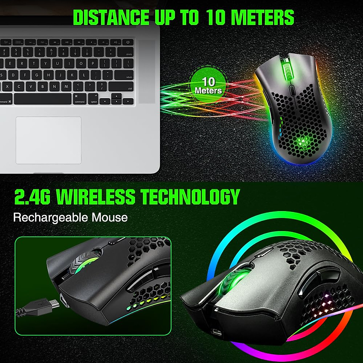 WolfLawS KM-1 Gaming Mouse, Wireless Mouse Gaming Computer Mice USB with Honeycomb Shell, 6 Programmed Buttons, 3 Adjustable DPI, Ergonomic RGB Optical Mouse - Green