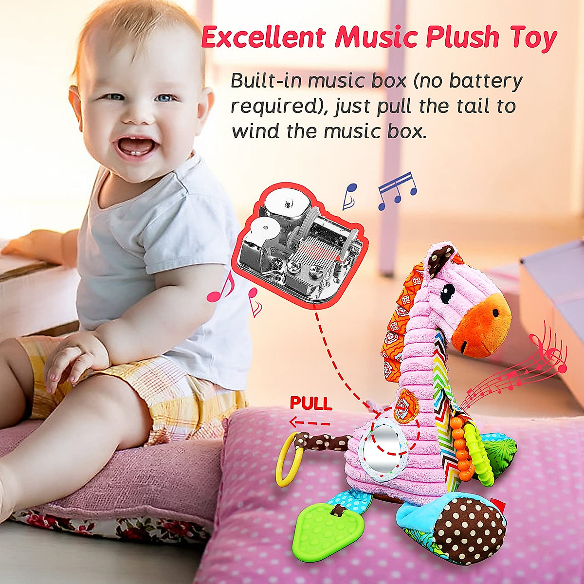 JERICETOY Car Seat Toy Baby Toy Infant Toy with Musical Box Stroller Toy Crib Toy Development Toy with Rattles Crinkle Teether Magic Mirror, Stroller Clip-On Carseat Cot Crib Bed Hanging Toy - Giraffe