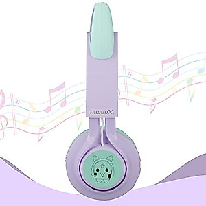 Riwbox Kids Headphones, CT-7S Cat Ear Bluetooth Headphones 85dB Volume Limiting,LED Light Up Kids Wireless Headphones Over Ear with Microphone for Laptop/PC/TV (Purple&Green)