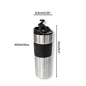 French Press Mug for Travel, Stainless Steel Travel Coffee and Tea Press, Hot or Cold Brew, Ideal Personal Mug for Travel, Car, Office, Camping, 15oz (Metallic Gray)