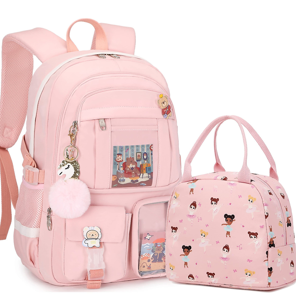 Laptop Backpacks 16 Inch School Bag with Lunch Box Set College Elementary Backpack Cute Lunch Bag Anti Theft Travel Daypack Large Bookbags for Teens Girls Women Kids Students (Pink- Dance Girls)
