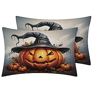 Pumpkin Lantern Duvet Cover King Size, Halloween Jack-O'-Lantern Pattern Bedding Set 3 Piece for Bedroom Decor, Witch Hat Funny Duvet Cover & 2 Pillow Shams, with Zipper & Ties, Super Soft Microfiber