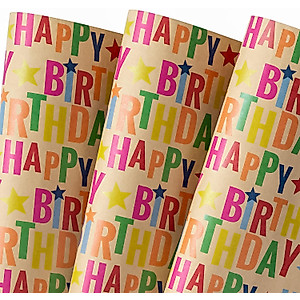 WRAPAHOLIC Kraft Birthday Wrapping Paper Sheet - 6 Sheets Colorful Happy Birthday Design Folded Flat for Birthday, Baby Shower, Party, Holiday - 19.7 Inch x 27.5 Inch Per Sheet
