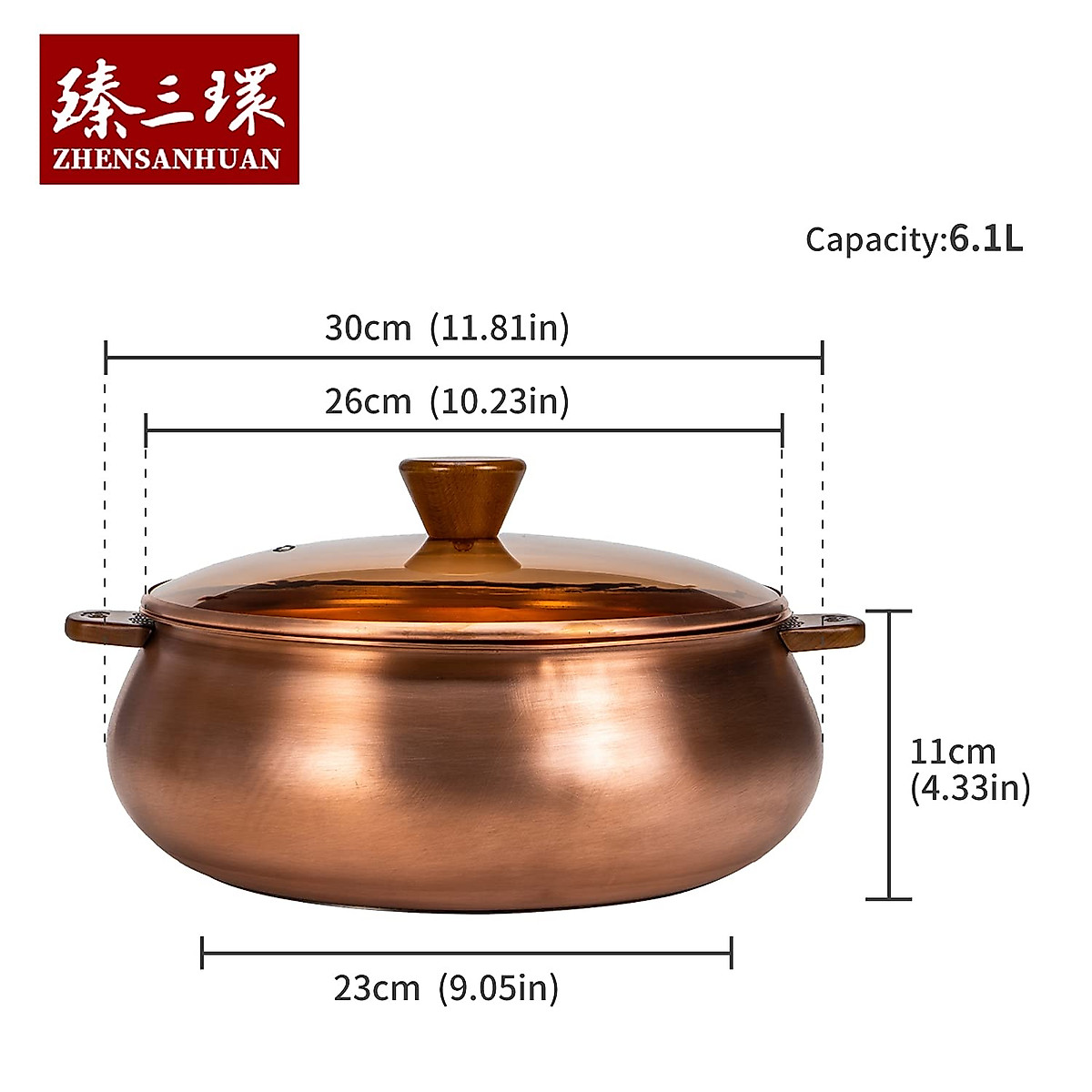 ZhenSanHuan Chinese Traditional old fashioned Copper Hot Pot (6L, double flavor)