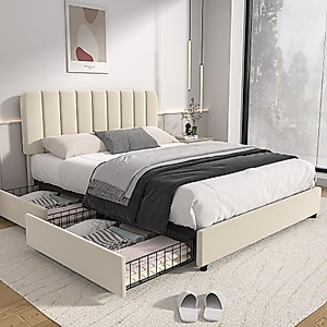 VECELO Queen Size Upholstered Bed Frame with 4 Drawers and Adjustable Headboard, Velvet Platform Storage Bedframe Mattress Foundation, Wooden Slats Support, No Box Spring Needed, Beige