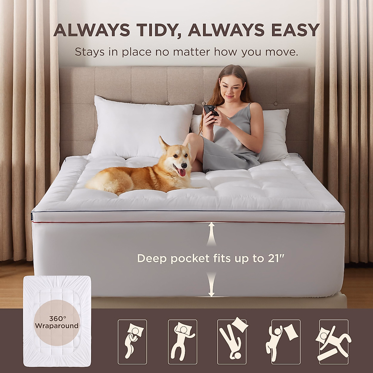 Bedsure Twin Mattress Topper, Pillow Top Mattress Topper Twin with Deep Pocket fits up to 21 Inches, Extra Soft Thick Bed Pad Cover with Fluffy Breathable, White