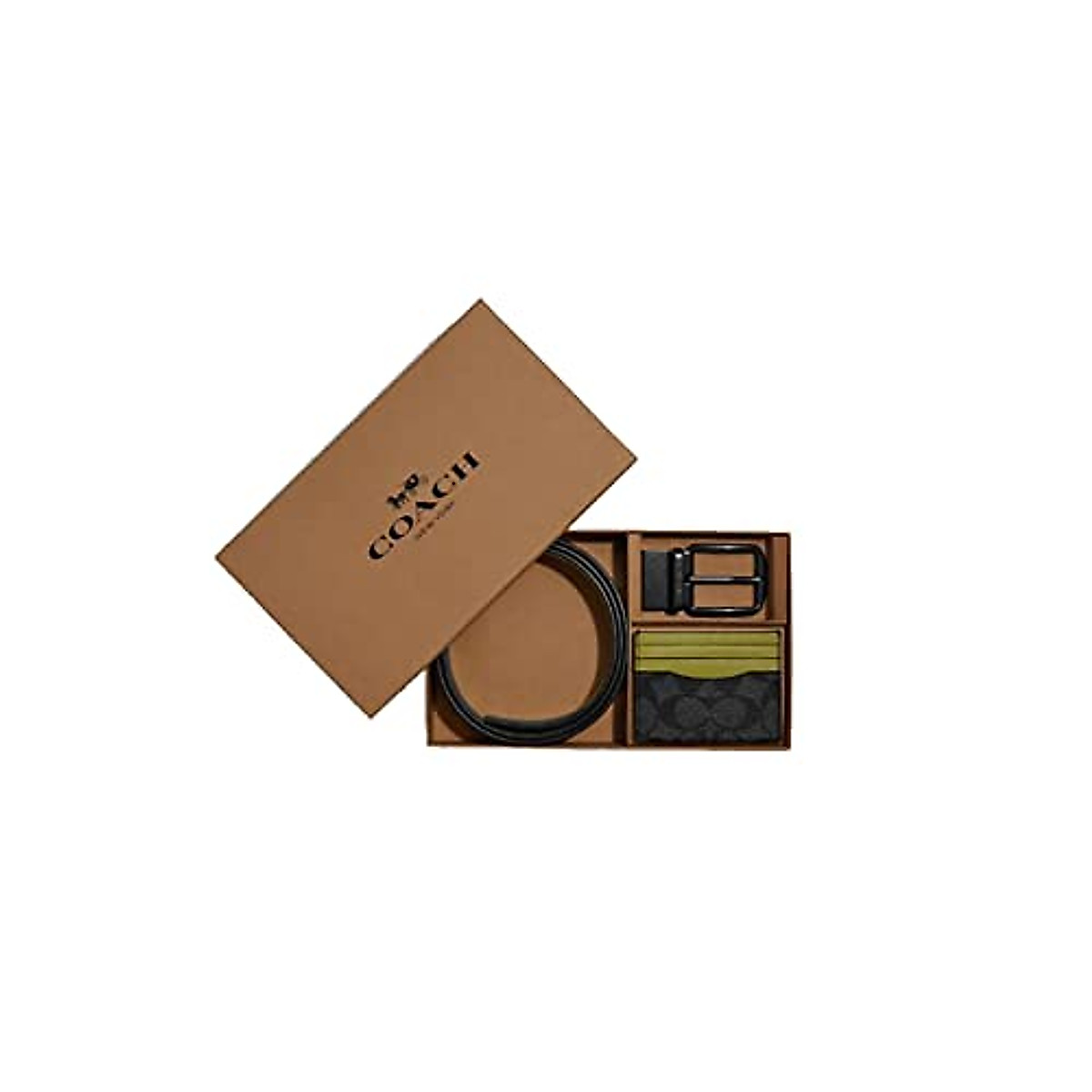 COACH Men's Boxed Card Case And Belt Gift Set In Colorblock Signature Canvas (Charcoal - Lime Green)