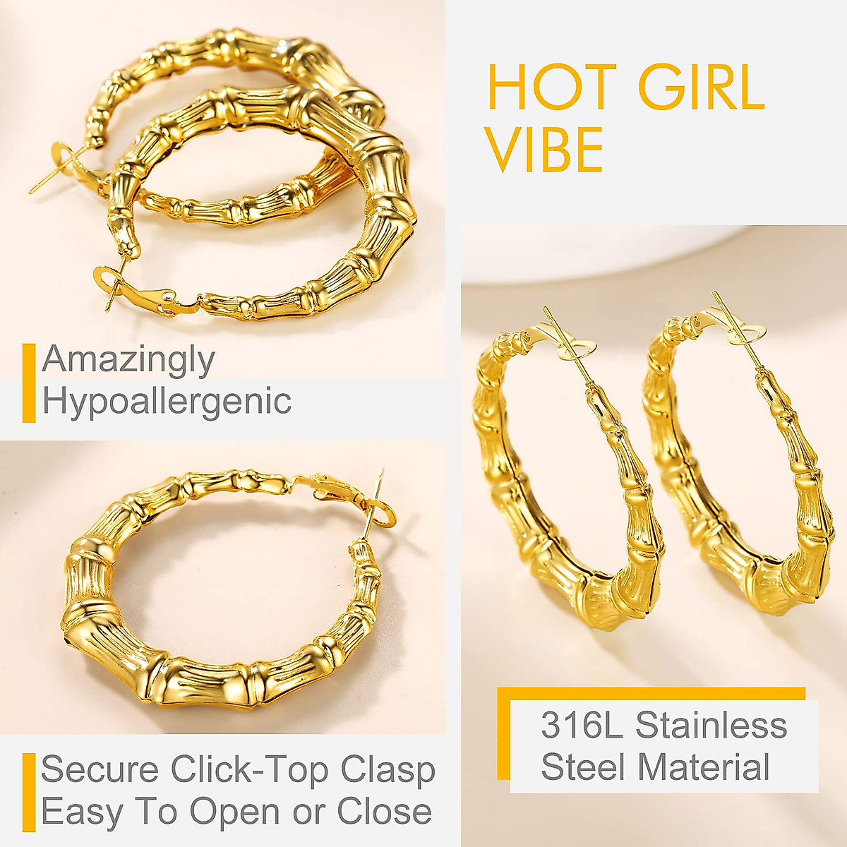 Bandmax 18K Gold Plated Round Hoop Earrings 80MM Hip Hop Bamboo Hoop Earrings 80S 90S Rap And Rock Night Club Big Gold Earrings for Women