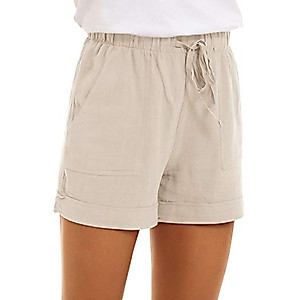 KINGFEN Womens Shorts Casual Lounge Cotton Shorts Casual for Summer Mid Rise Elastic Waist Linen Beach Pull On Comfy Drawstring Stretchy Short with Pockets Beige Medium