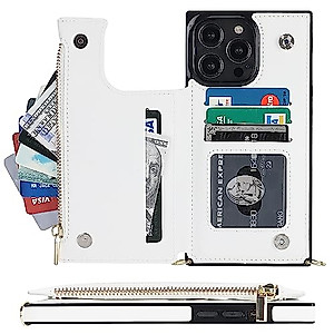 Bocasal Crossbody Wallet Case for iPhone 14 Pro Max with RFID Blocking Card Slot Holder, Magnetic Flip Folio Purse Case, PU Leather Zipper Handbag with Detachable Lanyard Strap 6.7 Inch 5G (White)