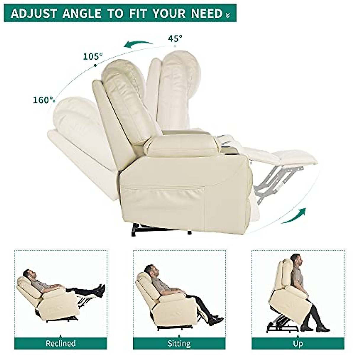 YITAHOME Power Lift Recliner Chair for Elderly, Electric Lift Chair with Heat and Massage, Faux Leather Recliner Sofa with 2 Cup Holders, Side Pockets & Remote Control for Living Room (White)