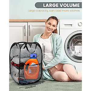 2 Pack Upgraded Heavy Duty Large Mesh Collapsible Laundry Basket with Pocket and Carry Handles, Foldable Dirty Clothes Pop up Laundry Hamper for Dorm Bathroom Bedroom Travel Camping