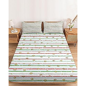 Full Size Fitted Sheet Bed Set Merry Christmas Red Green Stripe Deep Pocket Soft Bottom Sheets&Pillowcases for Bedroom Decor Winter Gold Snowflake Texture,Fits Mattress Up to 16" Deep