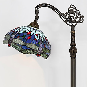 WERFACTORY Tiffany Floor Lamp Blue Stained Glass Dragonfly Arched Lamp 12X18X64 Inches Gooseneck Adjustable Corner Standing Reading Light Decor Bedroom Living Room S004 Series (B)