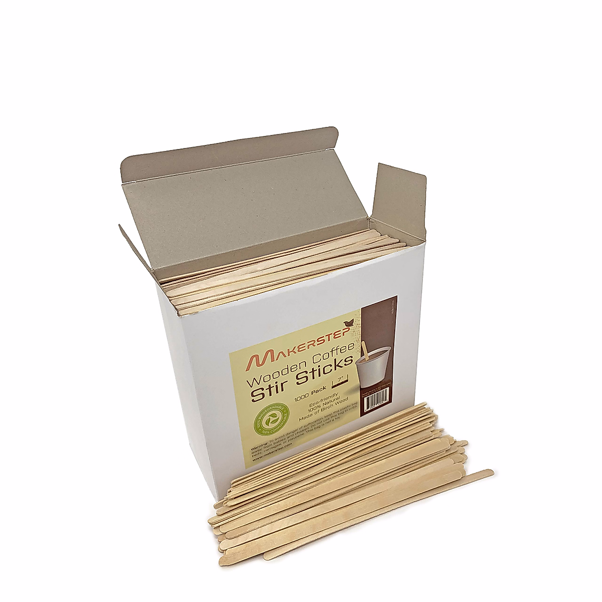 Makerstep 1000 Birch Wood Coffee Stirrers, 7 Inch Coffee Stir Sticks, Eco-friendly, Sturdy Wooden Sticks. Splinter Free, Round End. For Tea, Beverage, and Popsicle.