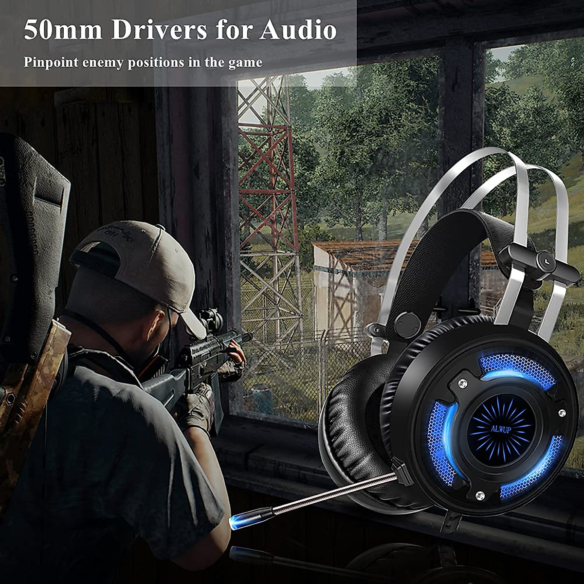 ALWUP Stereo Gaming Headset for PS4, Xbox One Headset, Lightweight Noise Cancelling Over Ear PC PS5 Gaming Headphones with Anti-Noise Mic, 50mm Drivers, Surround Sound, Soft Memory Earmuffs