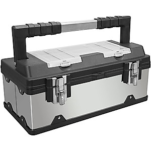 BIG RED A5519BR Torin 19" Stainless Steel and Plastic Portable Storage Tool Box Organizer with Metal Lock, Multiple Compartments, Clear Lid and Removable Trays - Stainless Steel/Black